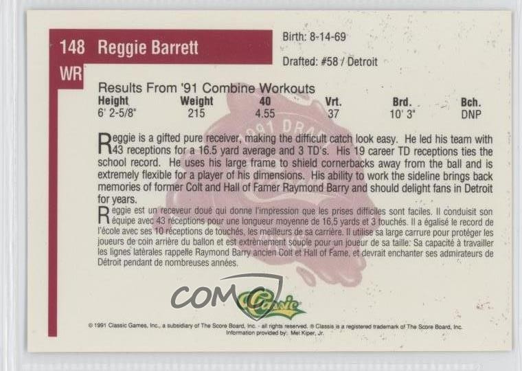 1991 Classic Draft Picks French Reggie Barrett #148 Rookie RC 0s5 | eBay