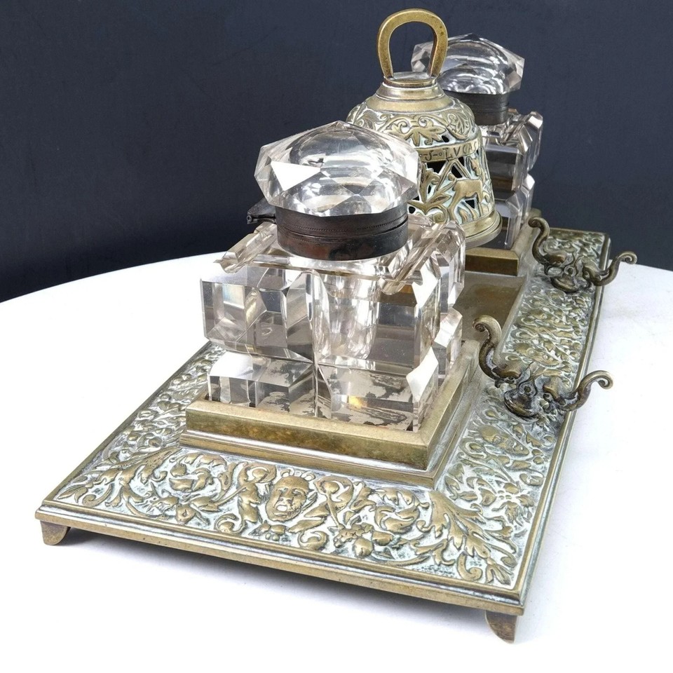 c1890 Hotel Inkwell with Bell Pen rest, and two large crystal inkwells ...