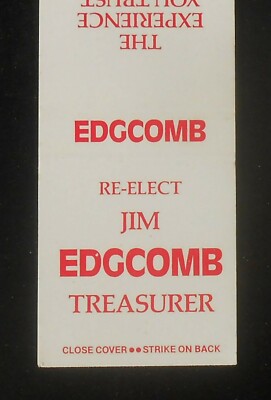 1980s Re-Elect Jim Edgcomb Treasurer Republican Decatur IL Macon Co ...