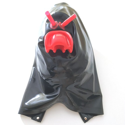 Latex Hood with Red Teeth Gag and Nasal Tubes Back Zipper Rubber Fetish ...