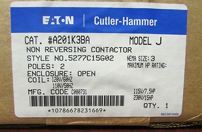EATON CUTLER HAMMER A201K3BA Size 3 A200 110 120V 2 Pole Contactor | eBay