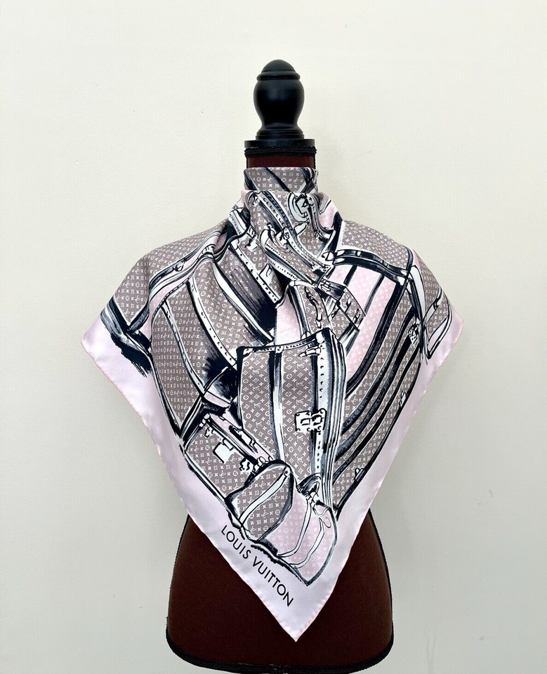New Louis Vuitton Scarf Monogram Classic Trunks Luggage Pink Beige Silk ...