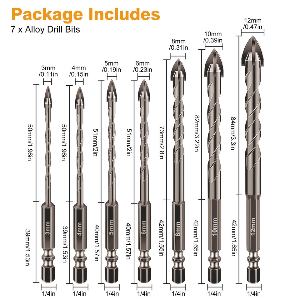 7pcs Tungsten Steel Glass Tile Drill Bit Set 3-12mm for Marble Mirror ...