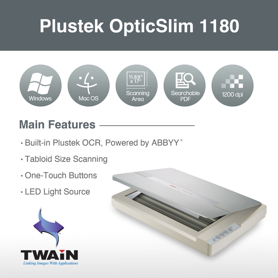 Plustek OpticSlim 1180 A3 Large Format Flatbed Document Scanner 1200 ...