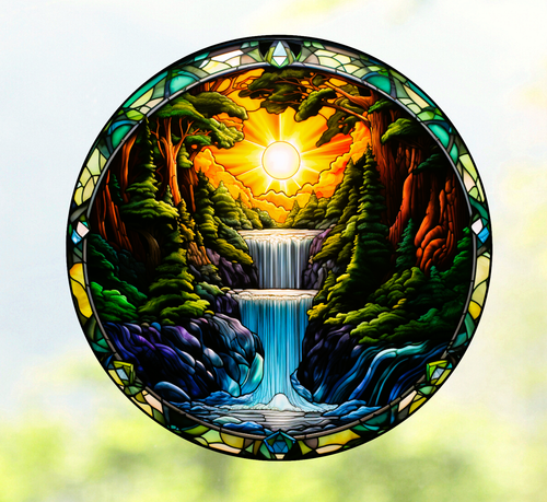 Scenic Waterfall at Sunset Faux Stained-Glass WINDOW CLING Size 8 ...