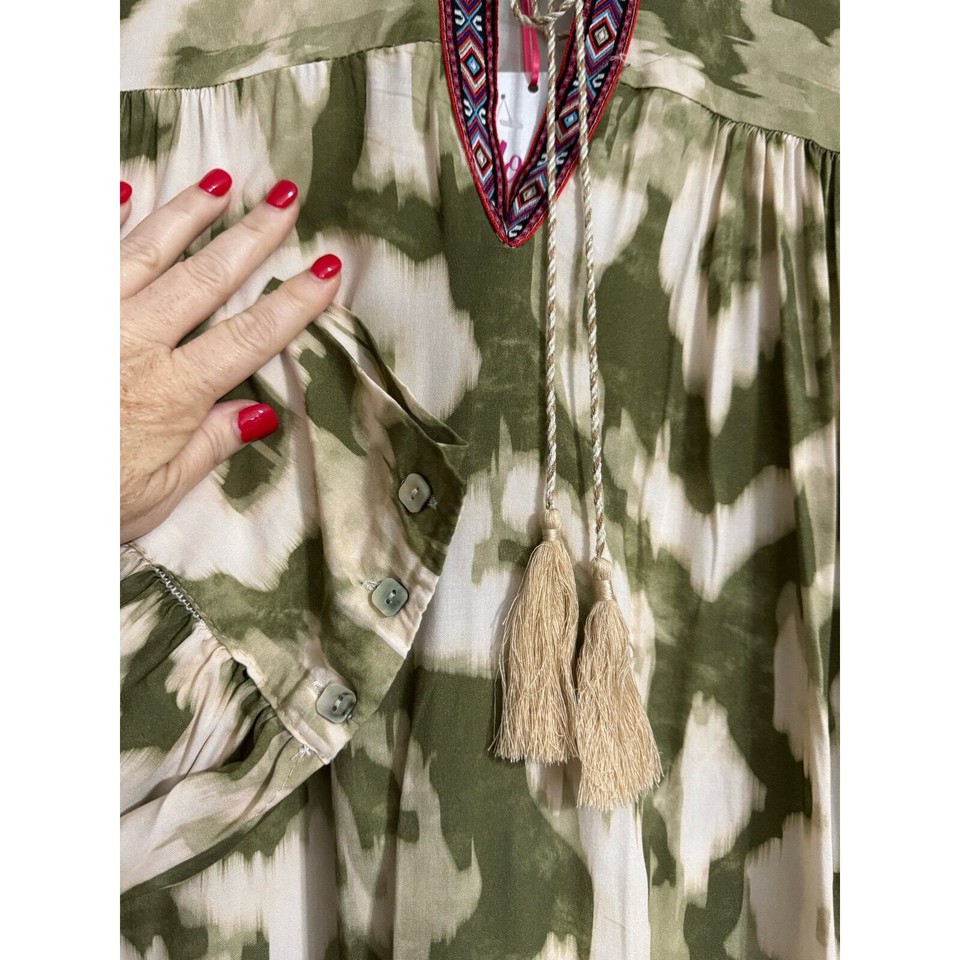 Yolly Italy Boho Olive Green Embroidered Neck Detail Blouse XL | eBay
