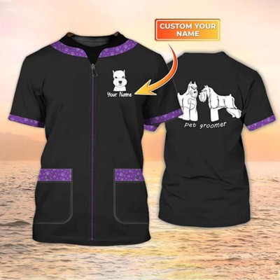 Pet Groomer 3D T-shirt, Grooming Custom Shirts Pet Salon Uniform Black ...