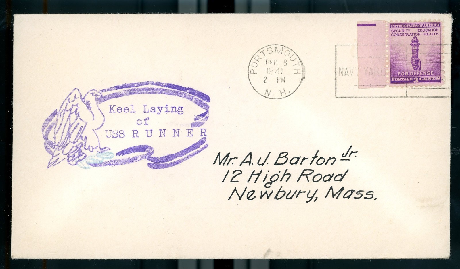 USS Runner submarine Keel Laying Postal Cover December 8 1941 Pearl ...