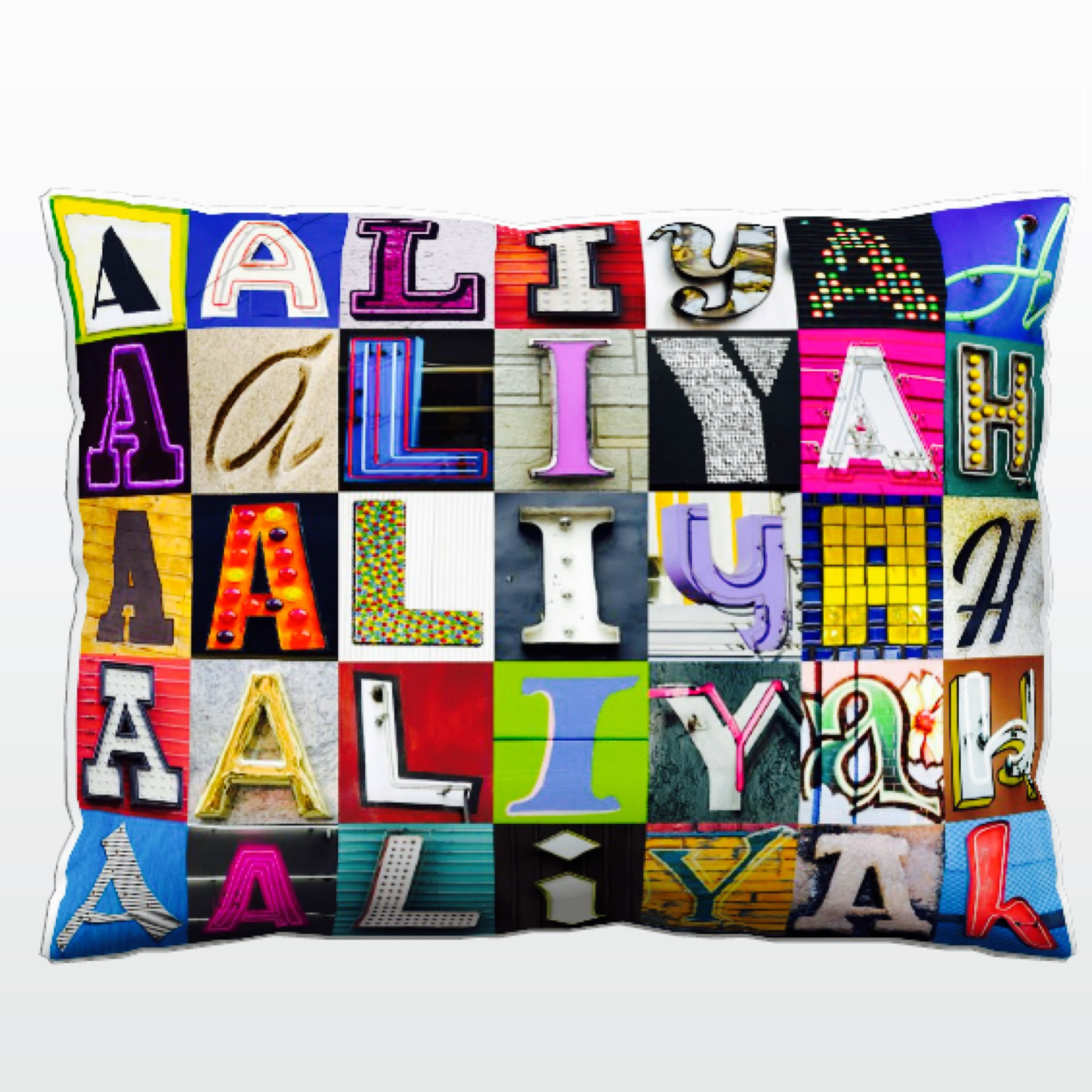 Personalized Pillow featuring the name AALIYAH in photos of sign ...
