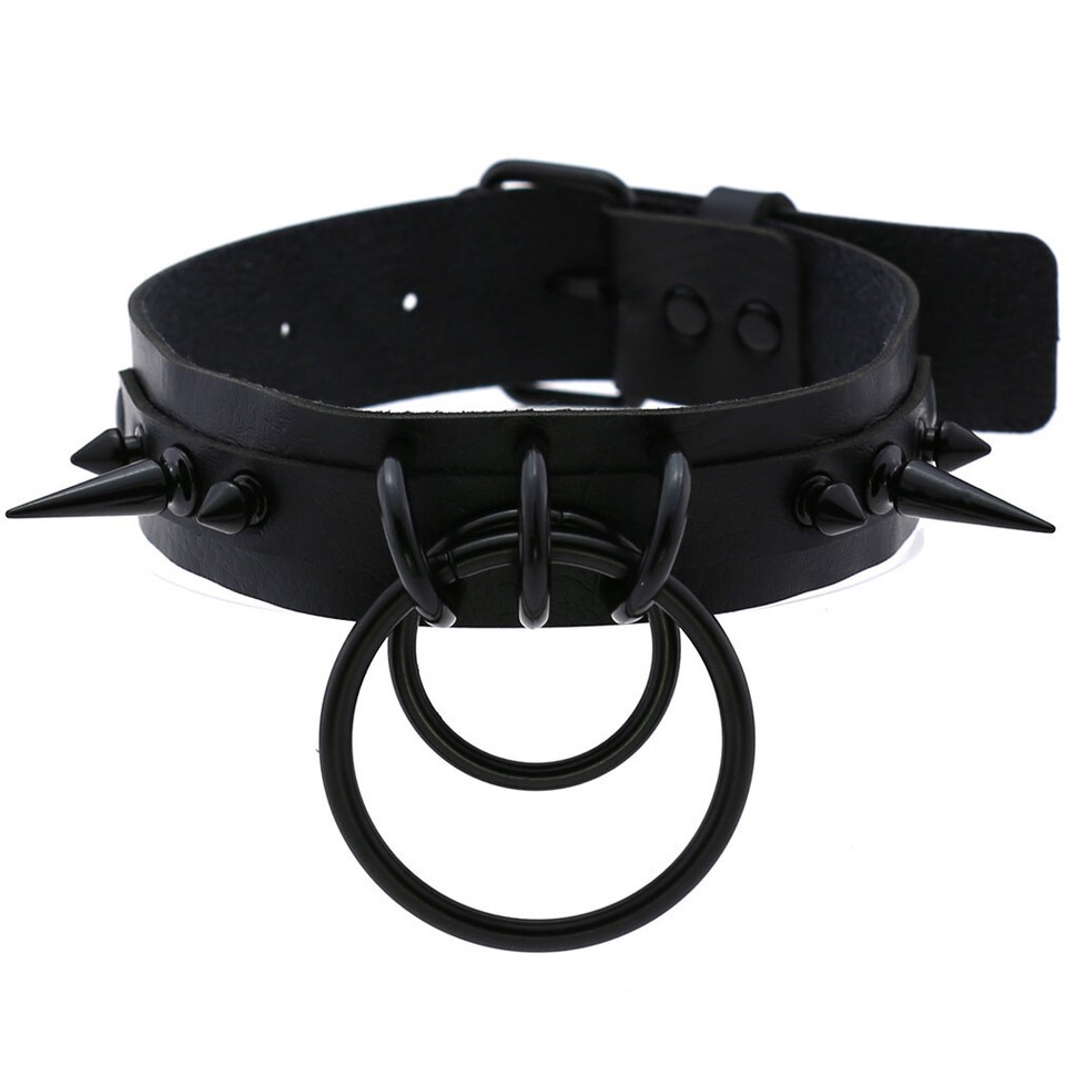 Mens Womens Gothic Punk Black Spiked Stud Choker Faux Leather Neckband ...