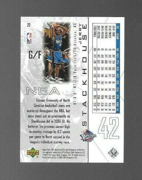 2001-02 Upper Deck SPX Jerry Stackhouse Card #22 Detroit Pistons NM/MT ...