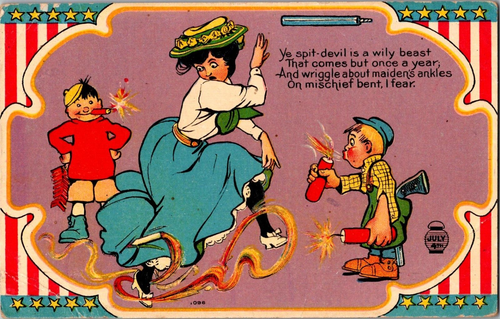 Postcard 4th Of July Mischief Boys Surprising Lady Firecrackers ...