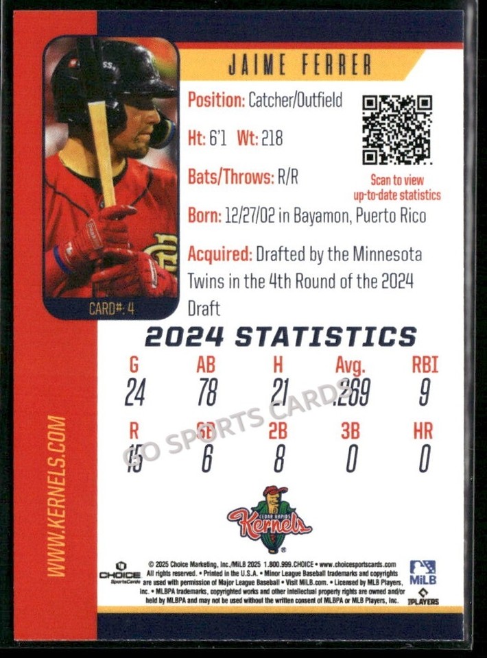 2025 Cedar Rapids Kernels Jaime Ferrer RC Rookie Minnesota Twins PR ...