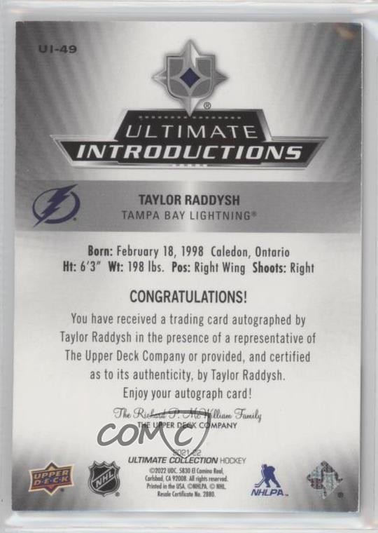 2021 Ultimate Collection Introductions Black /10 Taylor Raddysh Rookie ...