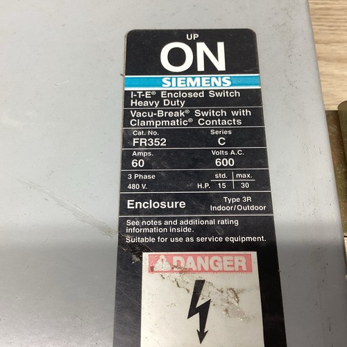 SIEMENS ITE ENCLOSED SWITCH HEAVY DUTY FR352 SER. C 60 AMP 600V ...