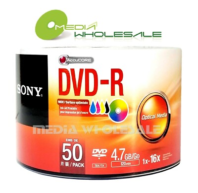 1000 SONY Blank 16X DVD-R DVDR White Inkjet Printable 4.7GB Media Disc ...