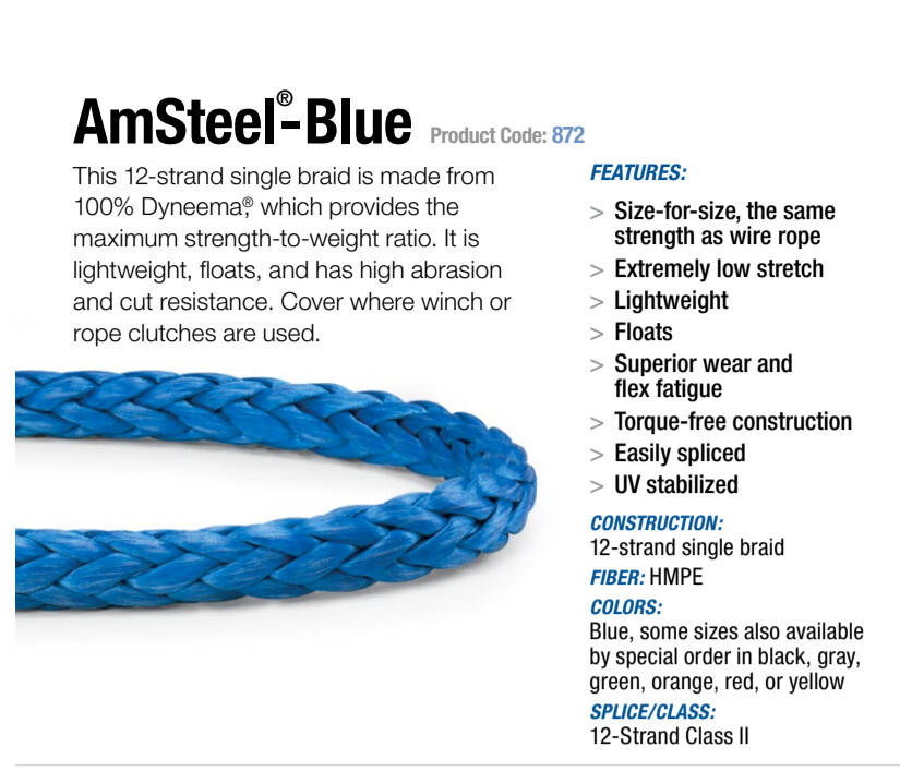 Samson Amsteel Blue Dyneema Rope 1/8" x 25', 50', 100', 150', & 200 ...