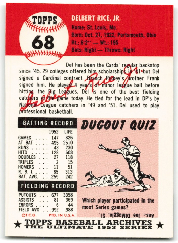 1991 Topps Archives 1953 #68 Del Rice Bio black text St. Louis ...