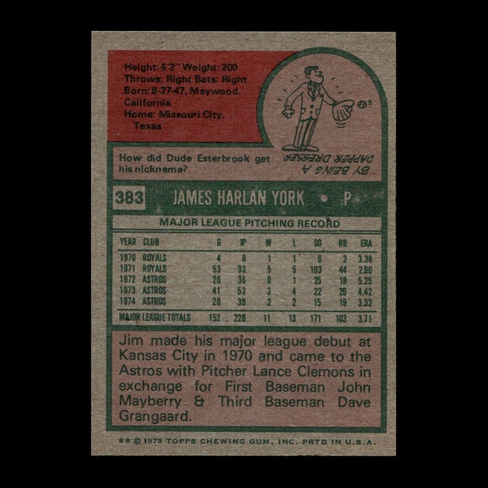 Jim York 1975 Topps Houston Astros #383 GM R305 | eBay