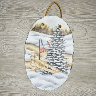 Hand painted artisanal slate slab with Christmas scene and tree plaque ...