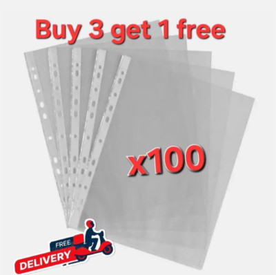 100 x A4 BUDGET VALUE clear Punched Pockets filing PLASTIC WALLET ...