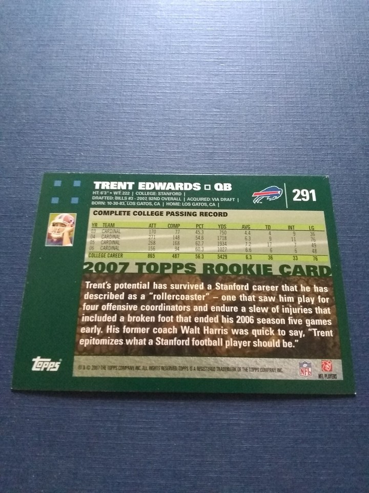 2007 Topps Football Trent Edwards Rookie Card #291 Set Break EX+ | eBay