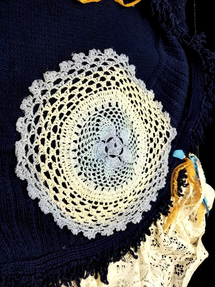 UpCycled duster Vtg Fabric Fringe boho doilies Embroidered Burning Man ...