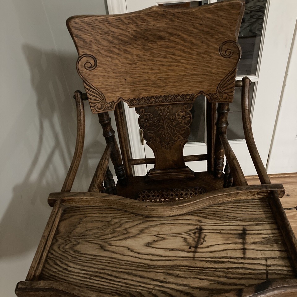 Antique Oak High Chair And Stroller Combination Chair W/ Wicker Seat | eBay