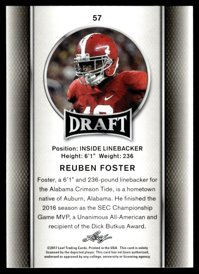 2017 Leaf Draft Reuben Foster Alabama Crimson Tide #57 | eBay