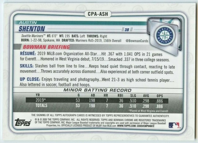 2020 Bowman Chrome - Prospect Autographs #CPA-ASH Austin Shenton (AU ...