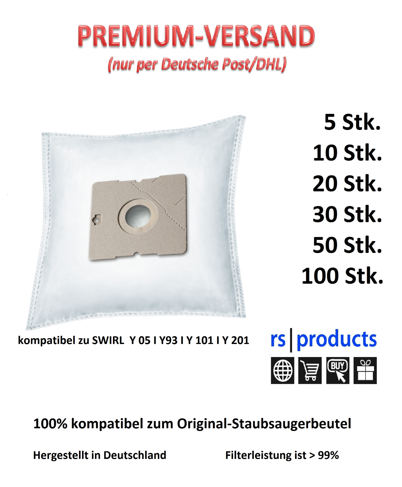 Staubsaugerbeutel ähnlich zu SWIRL Y05 Y31 Y93 Y101 Y201 | eBay