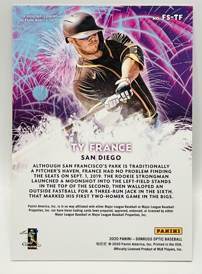 Ty France Auto 2020 Panini Donruss Optic Fireworks #FS-TF Mariners ...