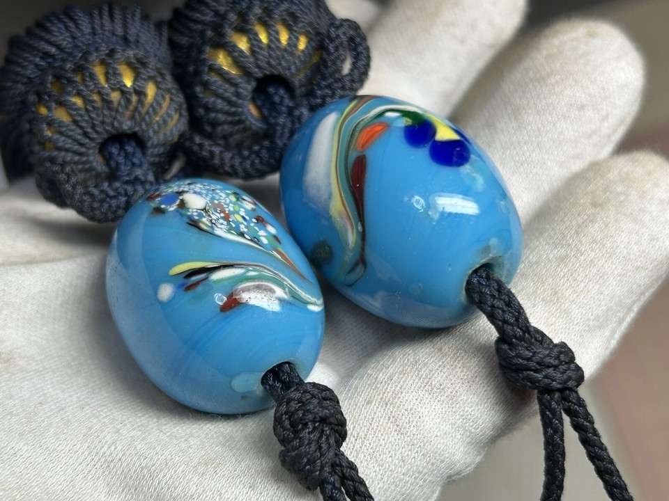 FUCHIN Lot #153 Japanese Antique Blue Green Glass Art Hanging Scroll ...