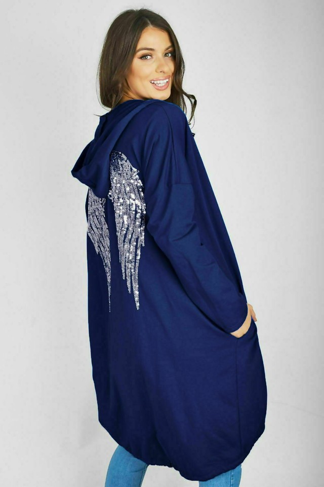 Ladies Sequin Angel Wings Back Over-sized Hoodie Womens Jacket Coat ...