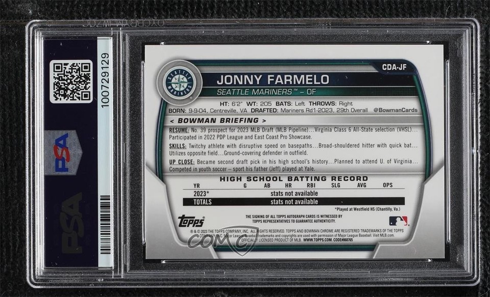 2023 Bowman Draft Chrome Prospect Auto Jonny Farmelo #CDA-JF PSA 8 Auto ...
