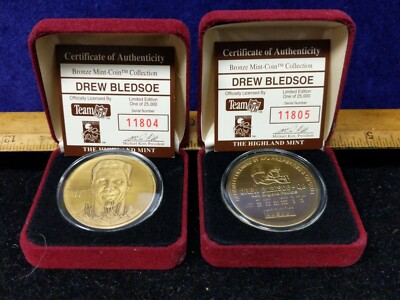 2X NOS DREW BLEDSOE BRONZE HIGHLAND MINT COIN W/COA NEW ORIGINAL | eBay