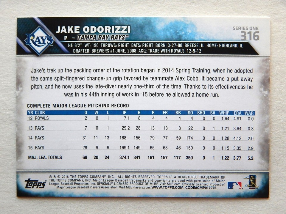 2016 Topps Jake Odorizzi #316 Baseball Card (Tampa Bay Rays) LN | eBay