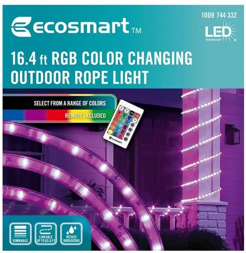 EcoSmart 16.4 ft. RGB Color Dimmable Linkable Plug-In LED Outdoor Rope ...