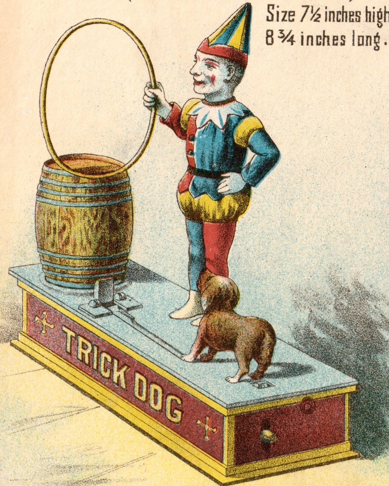 RARE ! - Trick Dog Toy Savings Mechanical Bank Trade Card Circus Clown ...