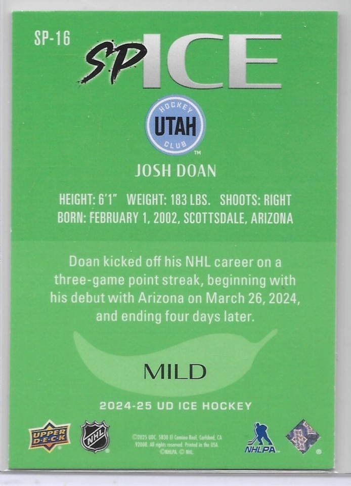 JOSH DOAN 24-25 UD SPICE GREEN MILD SSP INSERT RC/USA WC GOLD/SABRES | eBay