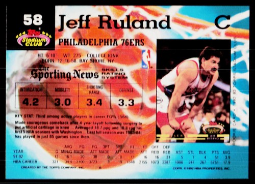 Jeff Ruland, 1992-93 Stadium Club, #58, Philadelphia 76ers, | eBay