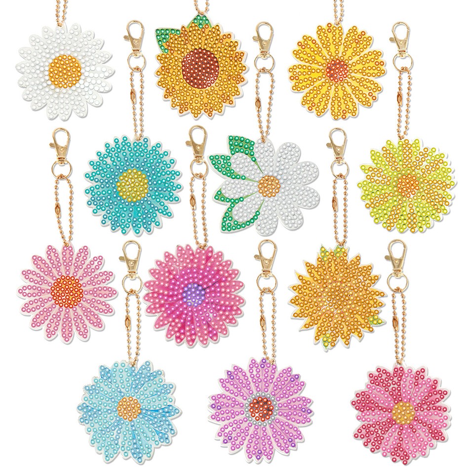 12Pcs DIY Diamond Keychain Kits 5D Cute Daisy Sunflower Diamond Art ...