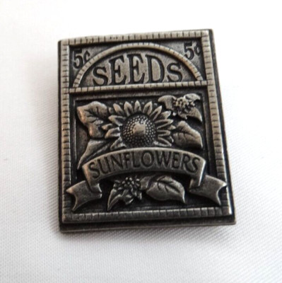 Vintage Sunflower Seeds Packet Pin Brooch Signed Birds & Bloom Signed ...
