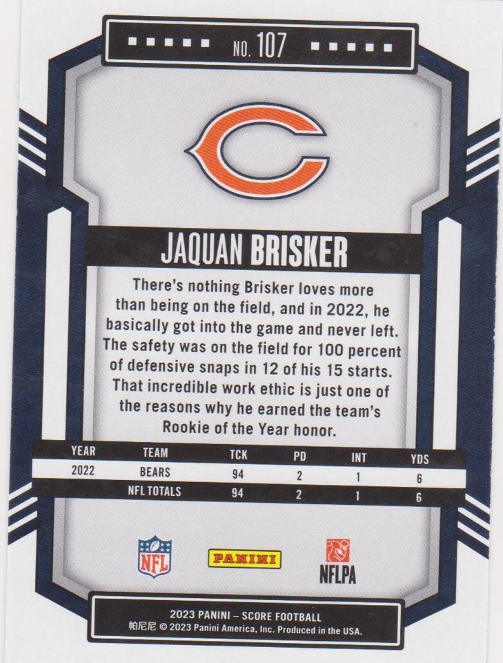 Jaquan Brisker 2023 Score Football Card #107 Chicago Bears | eBay