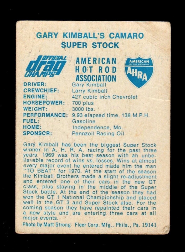 1971 FLEER AHRA OFFICIAL DRAG CHAMPS GARY KIMBALL’S CAMARO SUPER STOCK ...