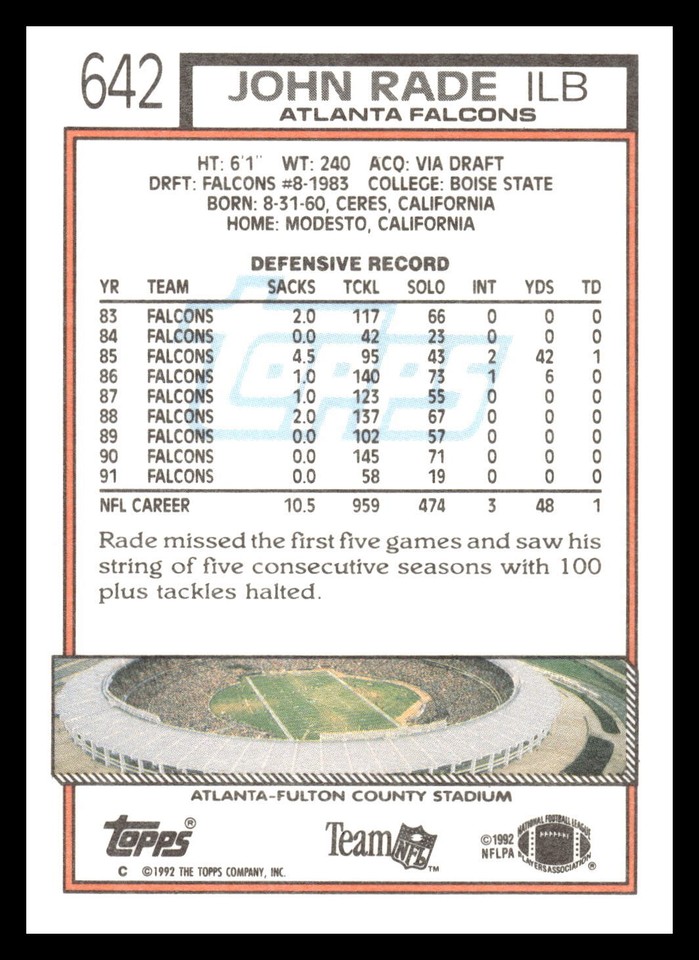 1992 Topps #642 John Rade Atlanta Falcons Football Card NM | eBay