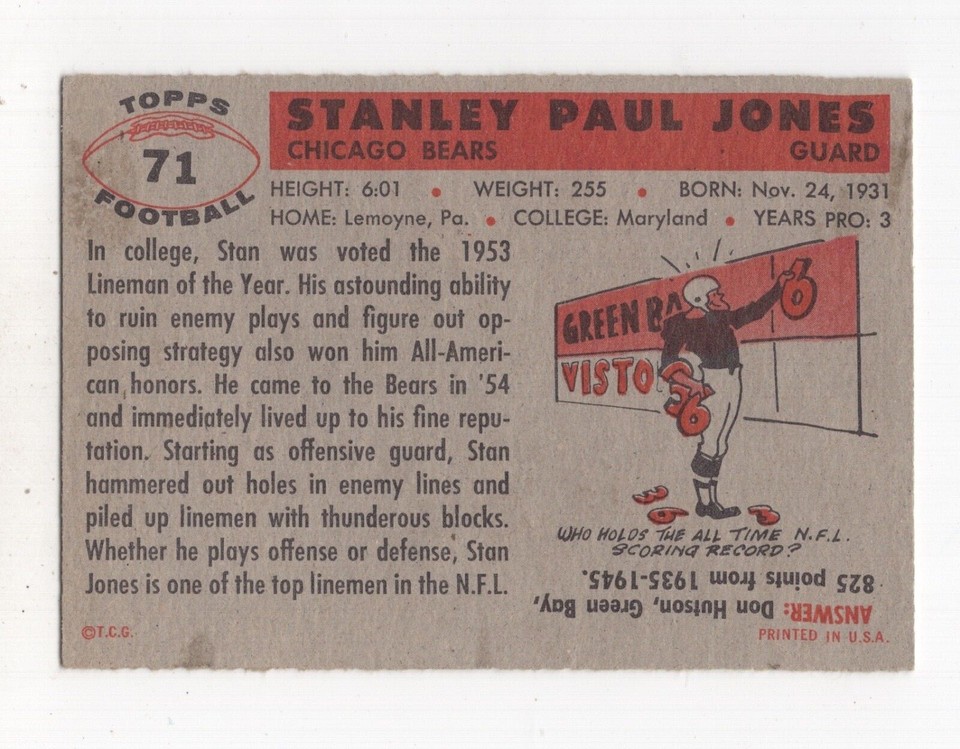 1956 TOPPS FOOTBALL ROOKIE STAN JONES CHICAGO BEARS #71 | eBay