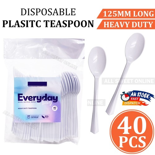 40pcs Heavy Duty Plastic Teaspoon Reusable White Cutlery Bulk Party ...