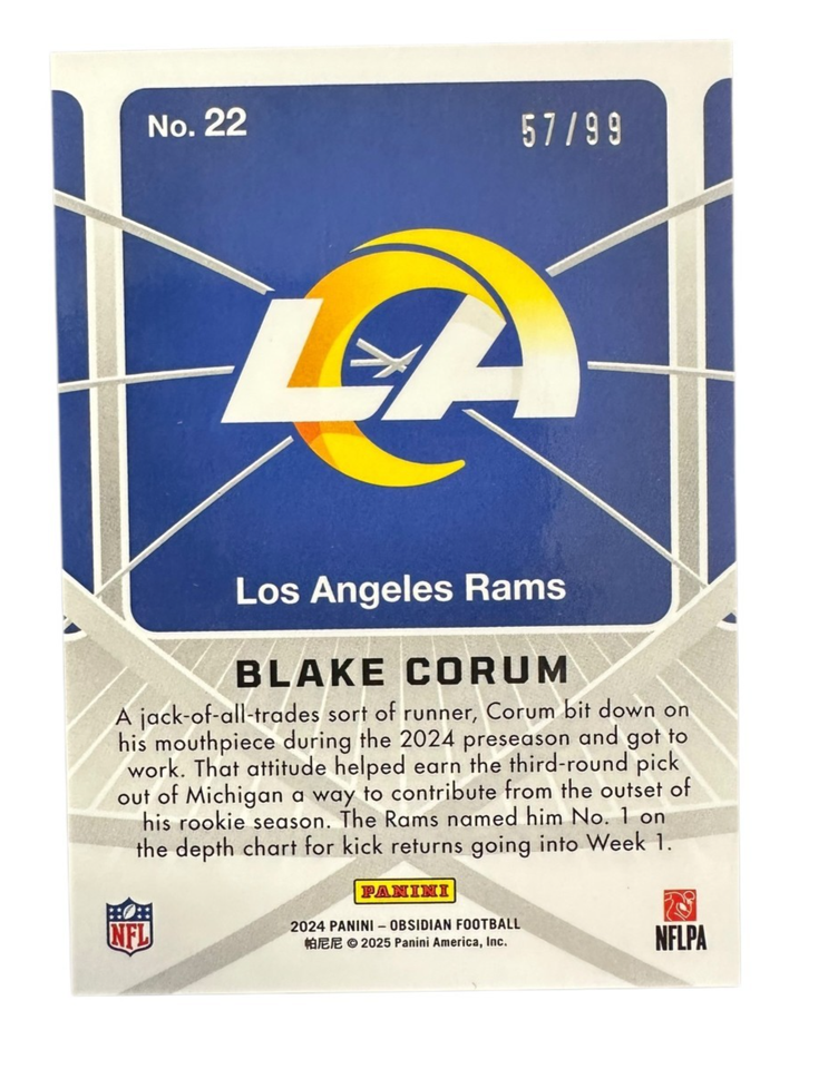 BLAKE CORUM 2024 OBSIDIAN ATOMIC INITIALS ROOKIE SILVER RAMS RC /99 #22 ...