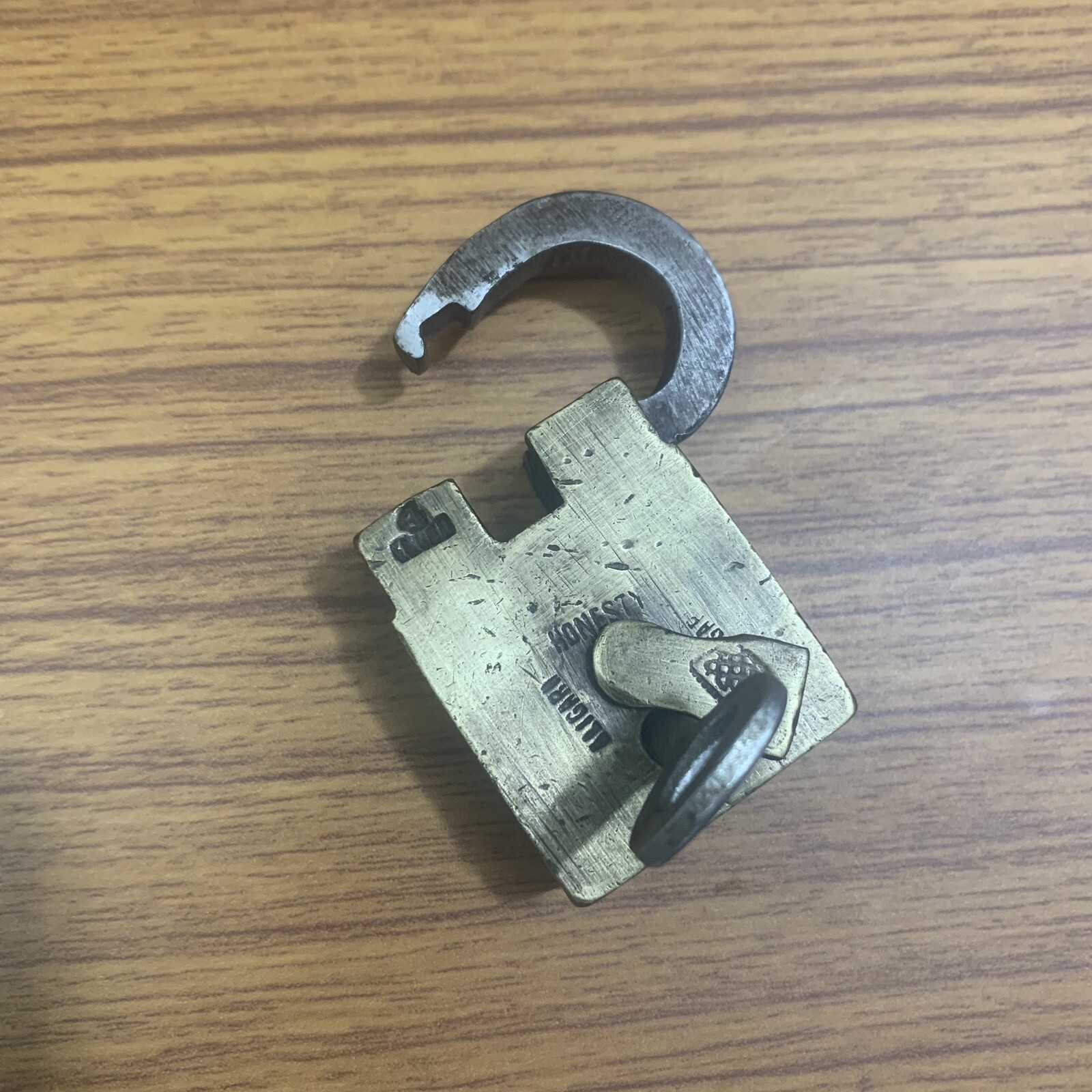 AN OLD OR ANTIQUE BRASS PADLOCK OR LOCK WITH ORIGINAL KEY, RAREST SHAPE ...